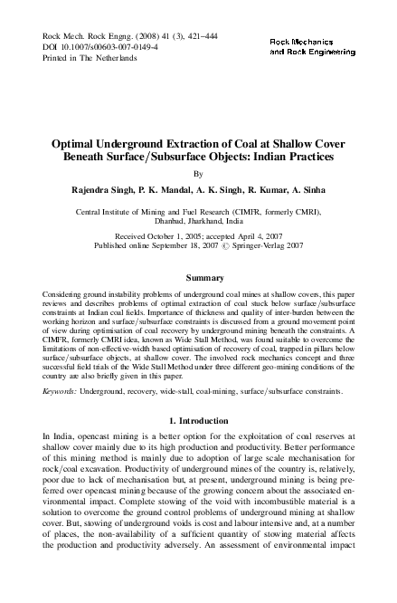 Pdf Optimal Underground Extraction Of Coal At Shallow Cover Beneath Surface Subsurface Objects