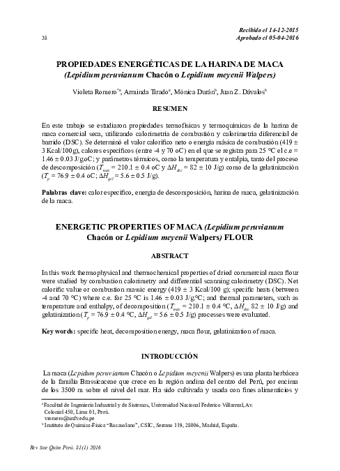 (PDF) PROPIEDADES ENERGÉTICAS DE LA HARINA DE MACA (Lepidium peruvianum ...