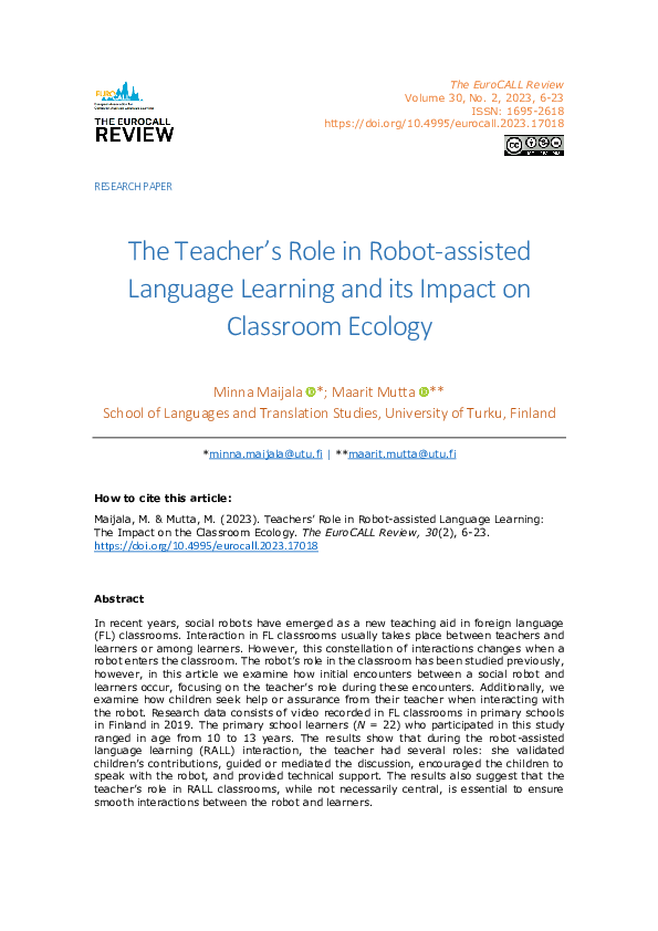 (PDF) The Teacher's Role in Robot-assisted Language Learning and its ...