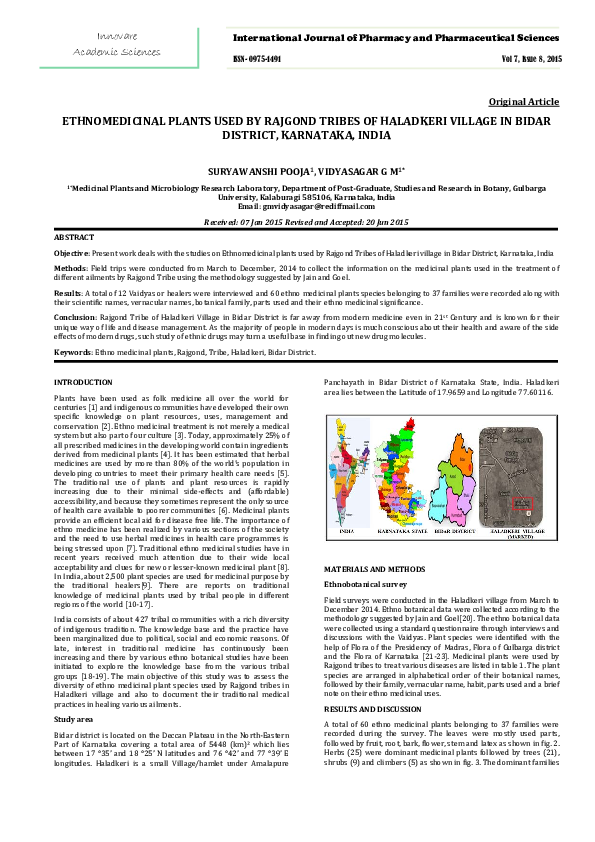 (PDF) ETHNOMEDICINAL PLANTS USED BY RAJGOND TRIBES OF HALADKERI VILLAGE IN BIDAR DISTRICT ...