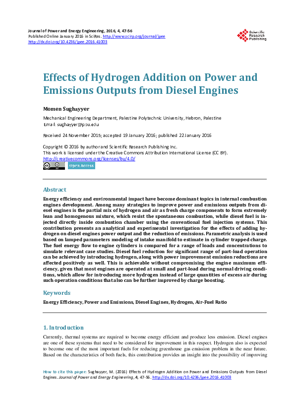 (PDF) Effects of Hydrogen Addition on Power and Emissions Outputs from Diesel Engines | momen ...