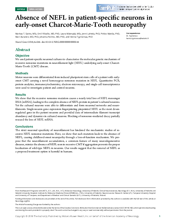 (PDF) Absence of NEFL in patient-specific neurons in early-onset ...