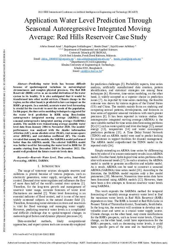 (PDF) Application Water Level Prediction Through Seasonal Autoregressive Integrated Moving ...