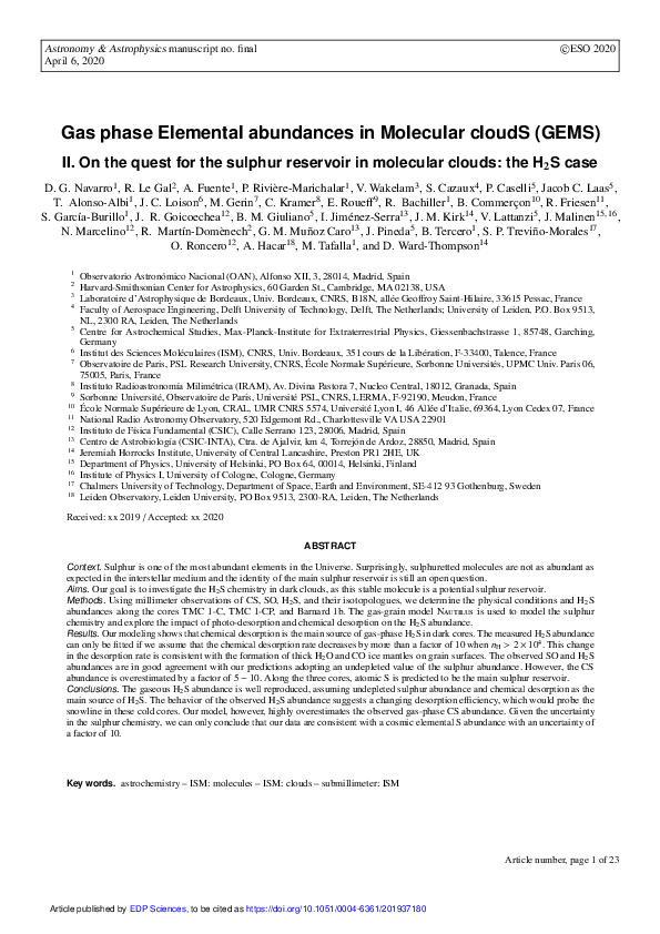 (PDF) Gas-phase Elemental abundances in Molecular cloudS (GEMS)III ...