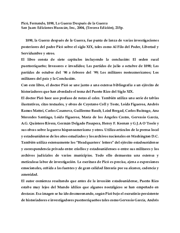 (PDF) Resena: 1898, La Guerra después de la Guerra, Fernando Pico