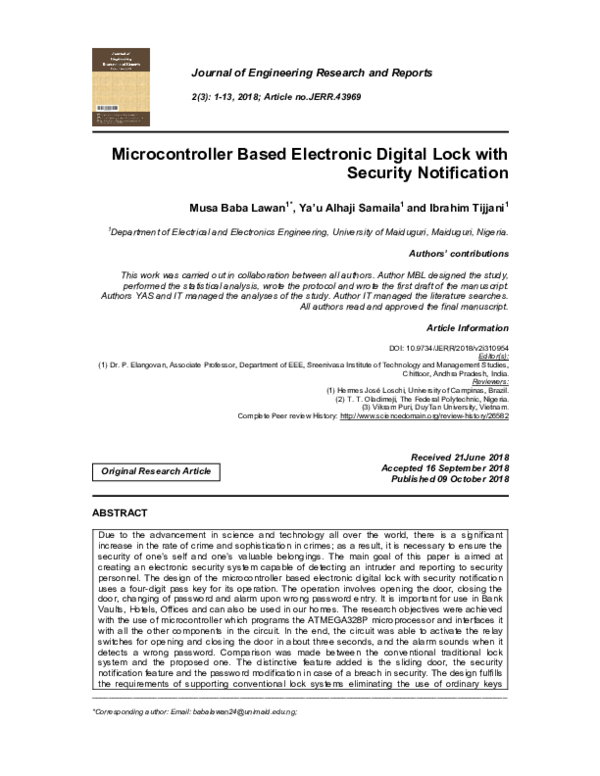 (PDF) Microcontroller Based Electronic Digital Lock with Security Notification