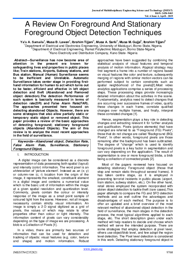 Pdf A Review On Foreground And Stationary Foreground Object Detection