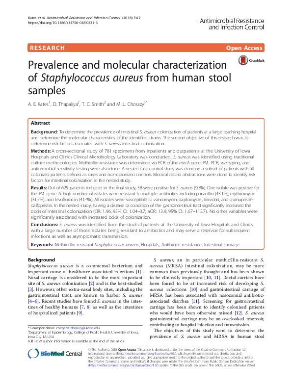 Pdf Prevalence And Molecular Characterization Of Staphylococcus Aureus From Human Stool