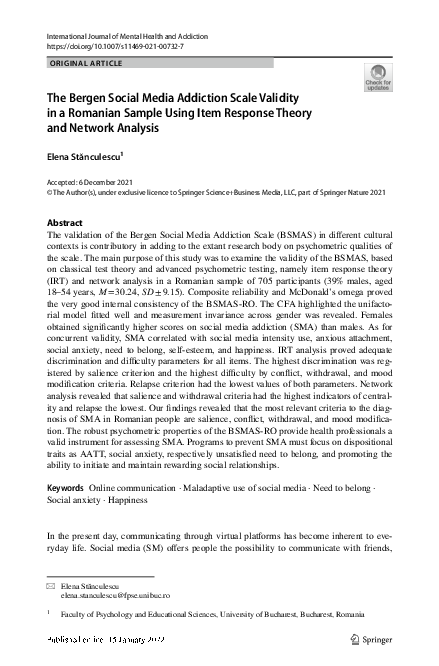 (PDF) The Bergen Social Media Addiction Scale Validity in a Romanian ...
