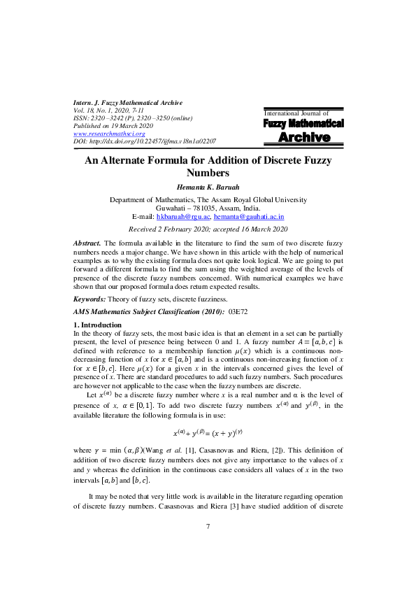 (PDF) An Alternate Formula for Addition of Discrete Fuzzy Numbers