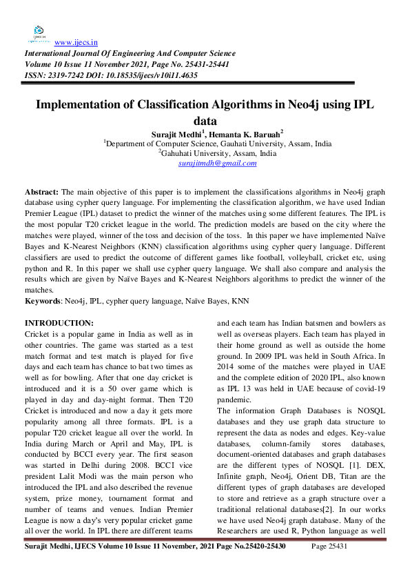 (PDF) Implementation of Classification Algorithms in Neo4j using IPL data