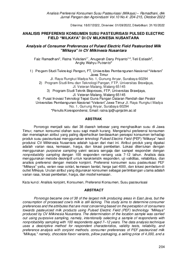 (PDF) Analisis Preferensi Konsumen Susu Pasteurisasi Pulsed Electric ...