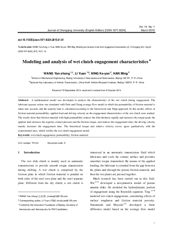 (PDF) Modeling and analysis of wet friction clutch engagement dynamics