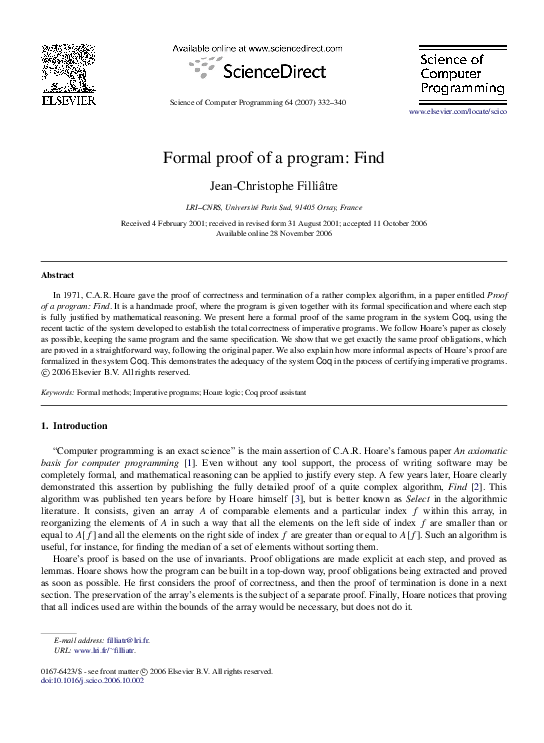 (PDF) Formal proof of a program: Find | Timothy Lindquist - Academia.edu
