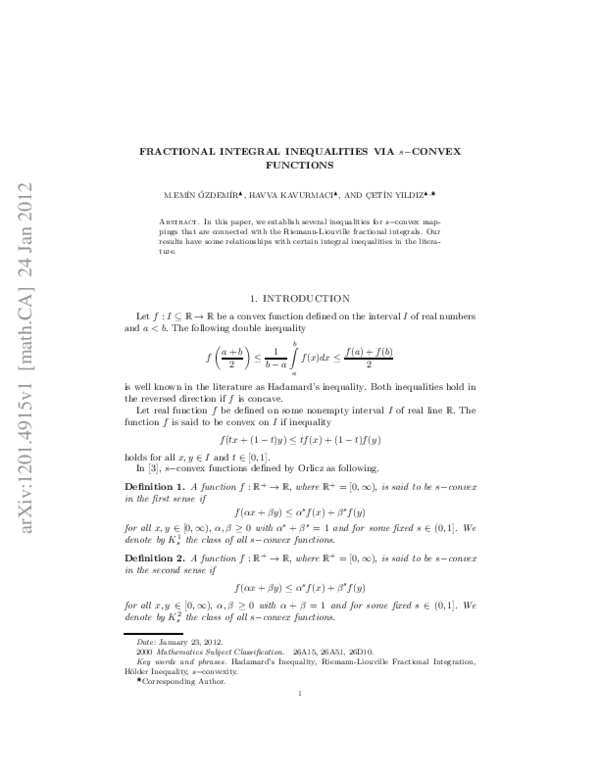 (PDF) Fractional Integral Inequalities via s -Convex Functions
