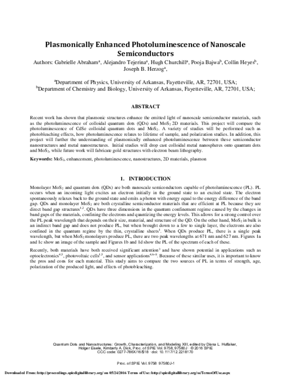 (PDF) Plasmonically enhanced photoluminescence of nanoscale semiconductors