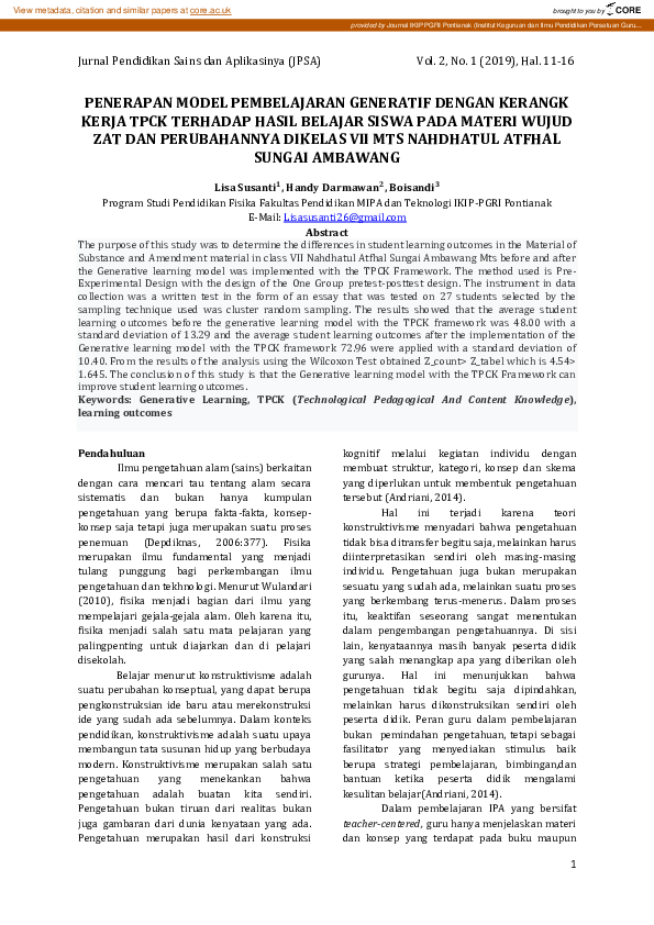 (PDF) Penerapan Model Pembelajaran Generatif Dengan Kerangk Kerja TPCK Terhadap Hasil Belajar ...