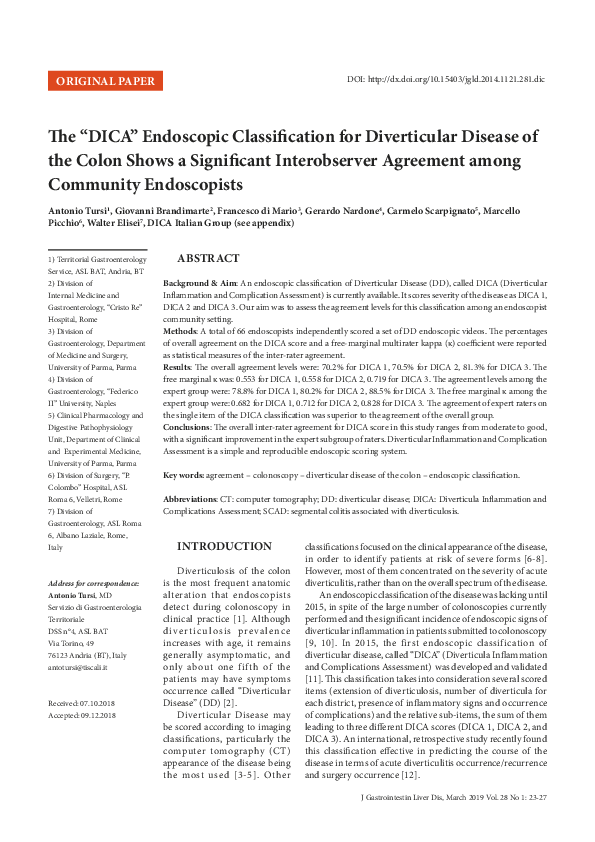 (PDF) The “DICA” Endoscopic Classification for Diverticular Disease of ...