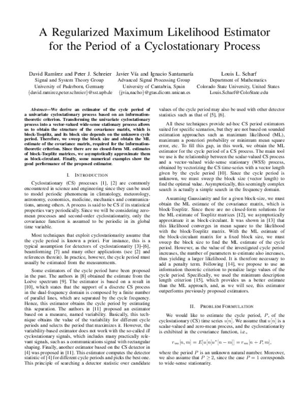 (PDF) A regularized maximum likelihood estimator for the period of a cyclostationary process