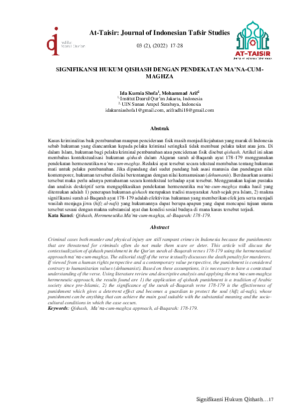 (PDF) Ignifikansi Hukum Qishash Dengan Pendekatan Ma’Na-Cum-Maghza