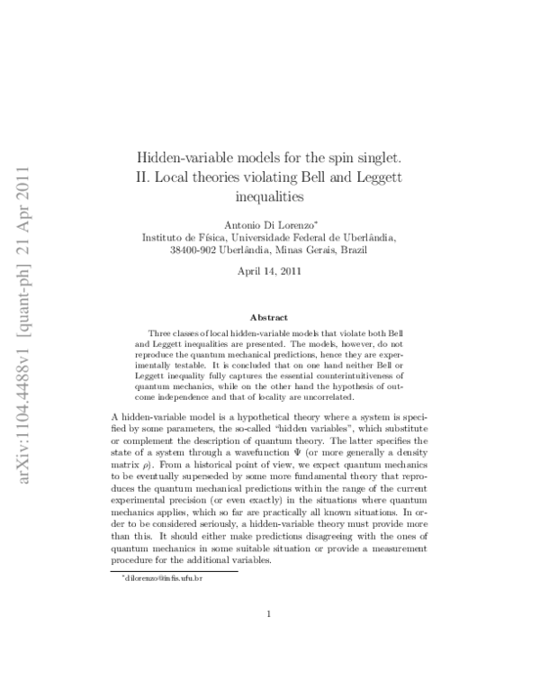 (PDF) Hidden-variable models for the spin singlet. II. Local theories ...