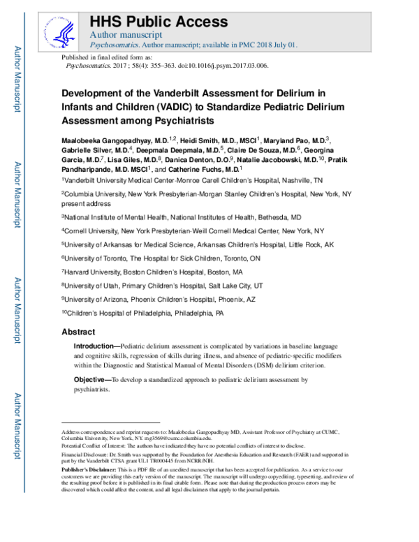 (PDF) Development of the Vanderbilt Assessment for Delirium in Infants ...