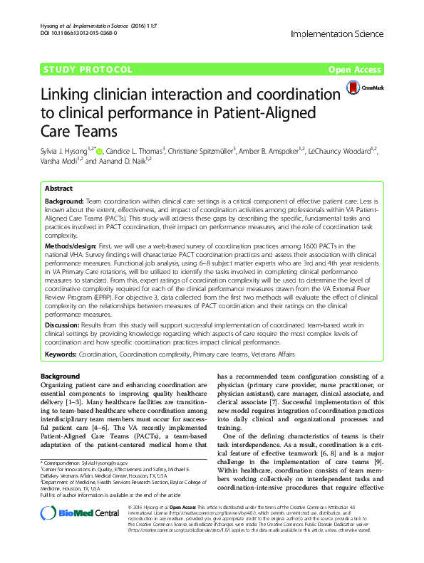 (PDF) Linking clinician interaction and coordination to clinical ...