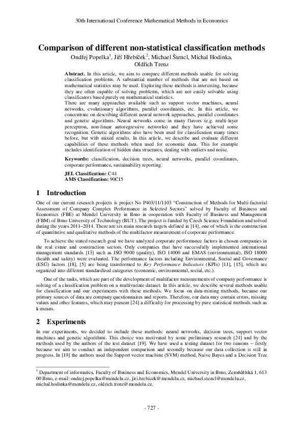 (PDF) Comparison of different non-statistical classification methods