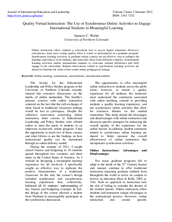 (PDF) Quality Virtual Instruction: The Use of Synchronous Online ...