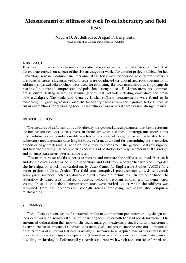 (PDF) Measurement of stiffness of rock from laboratory and field tests