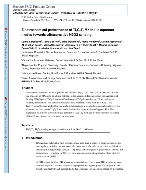 (PDF) Electrochemical performance of Ti3C2Tx MXene in aqueous media: towards ultrasensitive H2O2 ...
