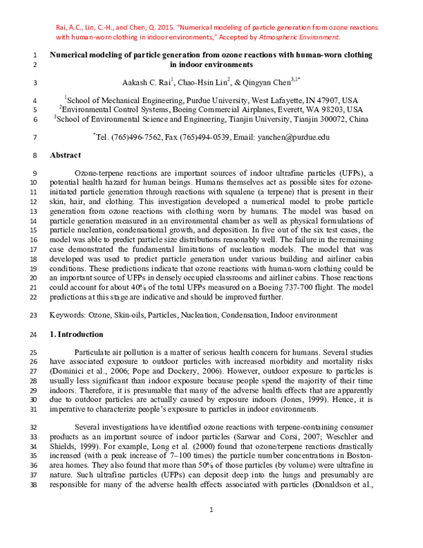 (PDF) Numerical modeling of particle generation from ozone reactions ...