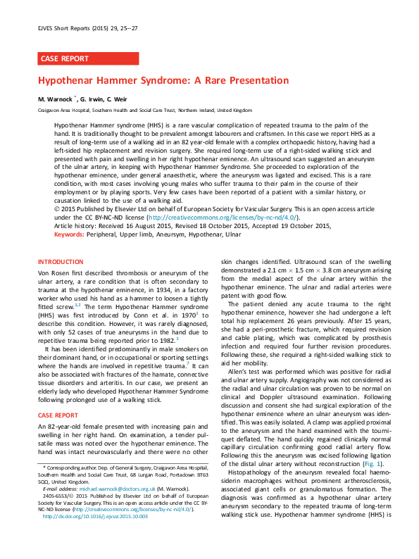 (PDF) Hypothenar Hammer Syndrome: A Rare Presentation