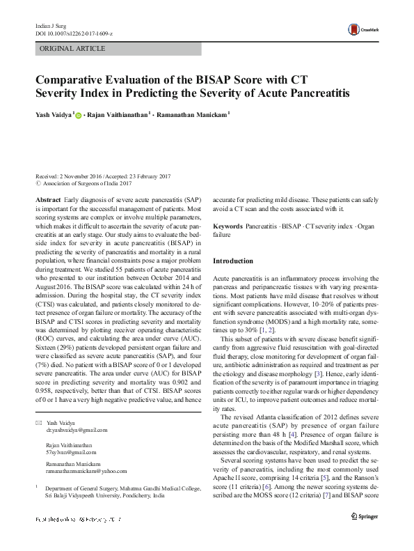 (PDF) Comparative Evaluation of the BISAP Score with CT Severity Index ...
