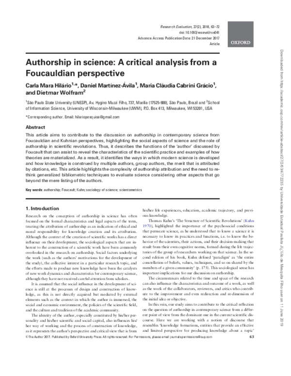(PDF) Authorship in science: A critical analysis from a Foucauldian ...