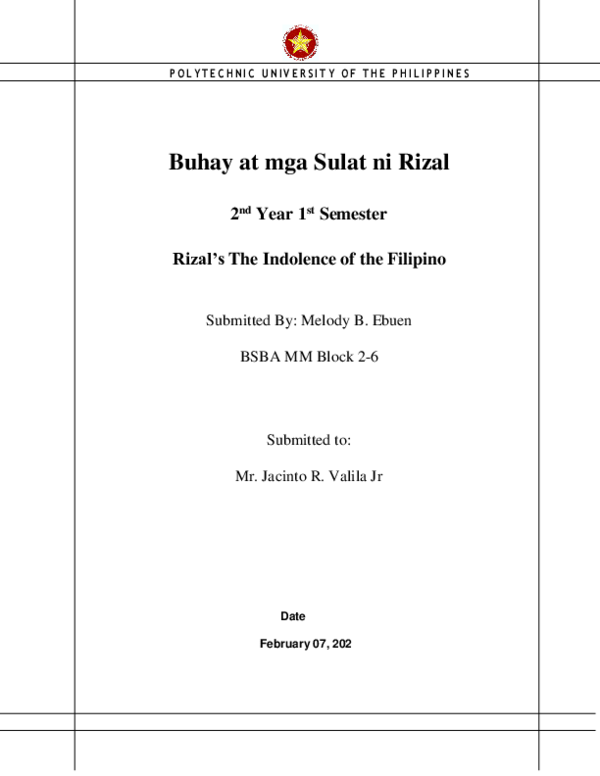(PDF) Ebuen - (Rizal’s The Indolence of the Filipino) | Melody Ebuen ...