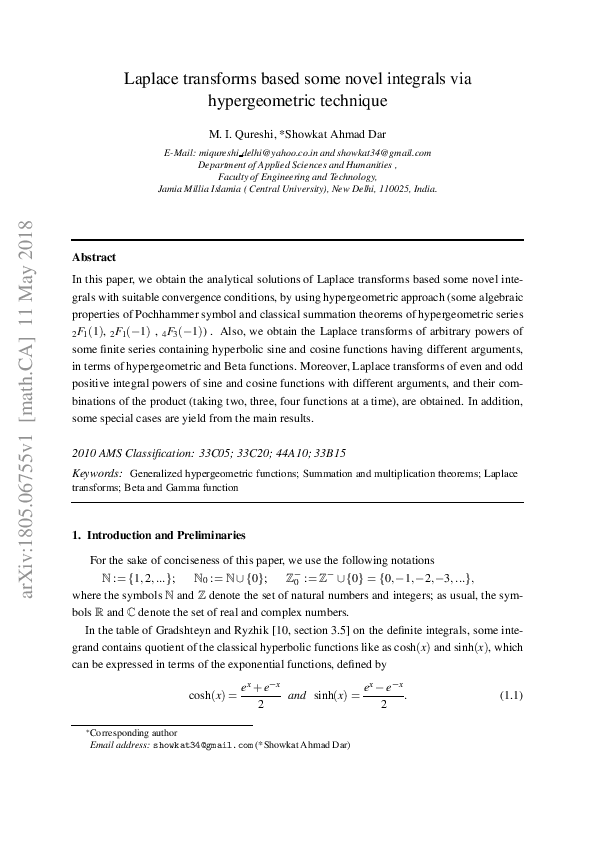 (PDF) Laplace transforms based some novel integrals via hypergeometric technique