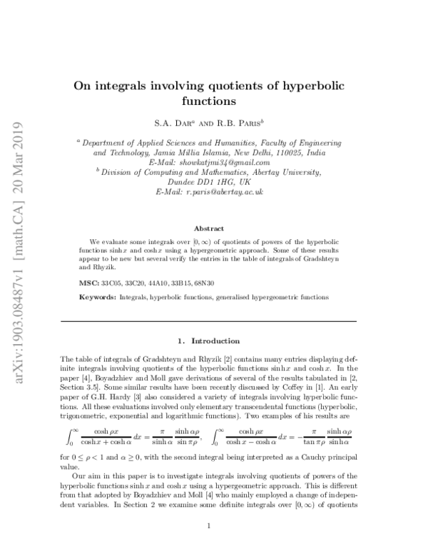 (PDF) On integrals involving quotients of hyperbolic functions