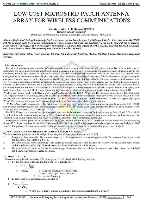 (PDF) lOW COST MICROSTRIP PATCH ANTENNA ARRAY FOR WIRELESS COMMUNICATION