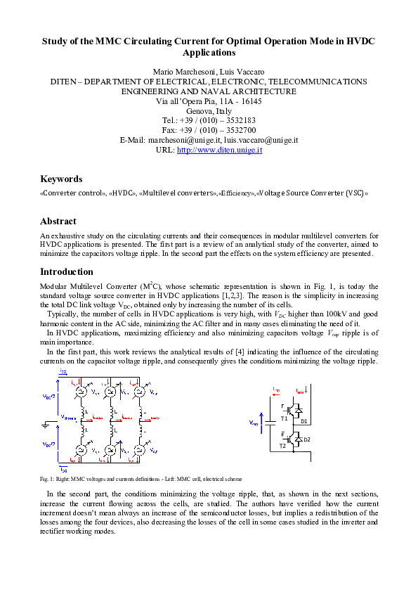 (PDF) Study of the MMC circulating current for optimal operation mode in HVDC applications