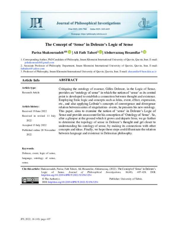 (PDF) The Concept of 'Sense' in Deleuze's Logic of Sense