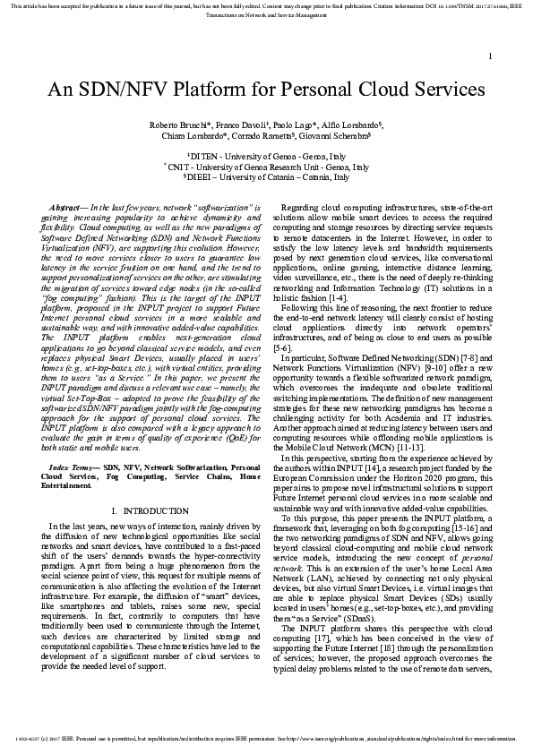 (PDF) An SDN/NFV Platform for Personal Cloud Services | Franco Davoli - Academia.edu