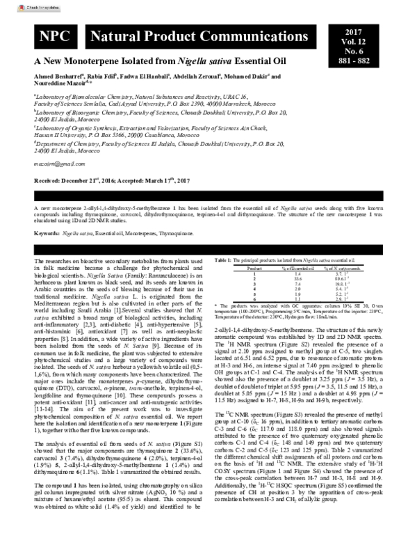 (PDF) A New Monoterpene Isolated from Nigella sativa Essential Oil
