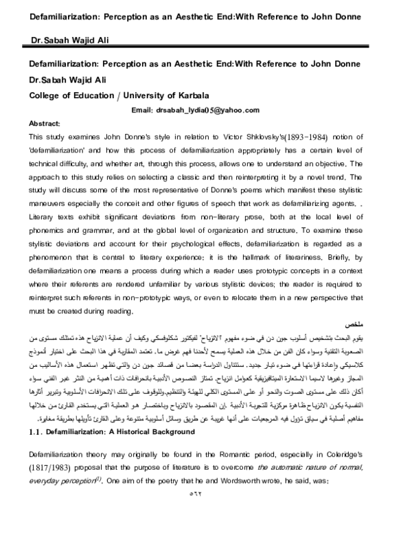 (PDF) Defamiliarization: Perception as an Aesthetic End:With Reference ...