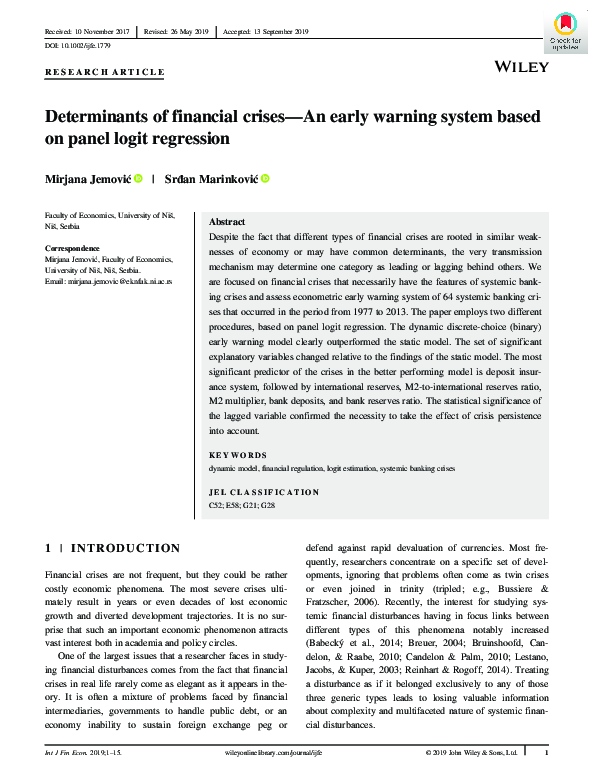 (PDF) Determinants of financial crises—An early warning system based on panel logit regression