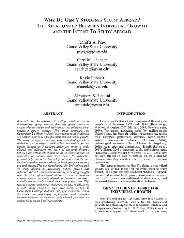 (PDF) Why Do Gen Y Students Study Abroad? The Relationship Between ...