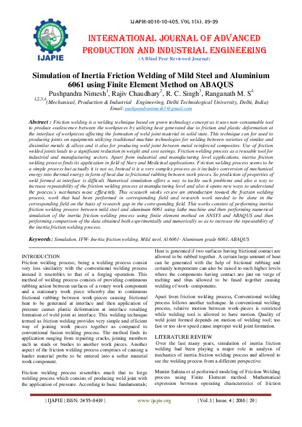 (PDF) Simulation of Inertia Friction Welding of Mild Steel and Aluminium 6061 using Finite ...