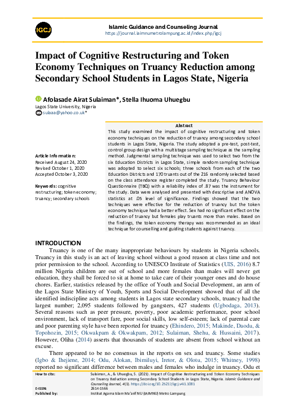 (PDF) Impact of Cognitive Restructuring and Token Economy Techniques on Truancy Reduction among ...
