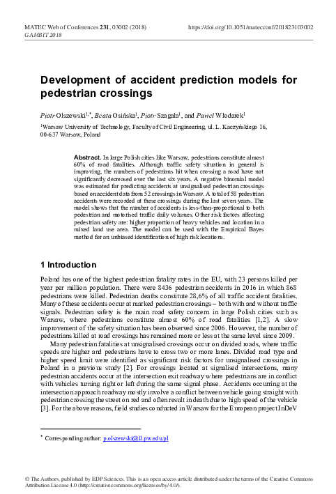 (PDF) Development of accident prediction models for pedestrian crossings | Piotr Szagała ...