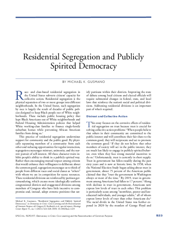 (PDF) Residential Segregation and Publicly Spirited Democracy